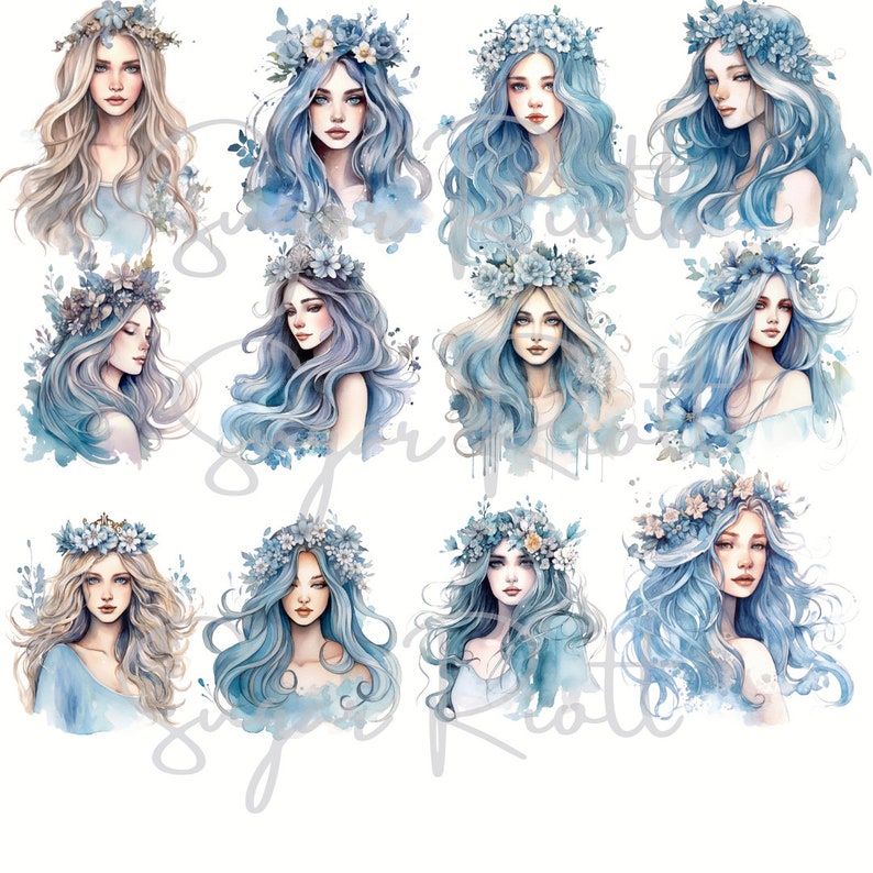 Watercolor Fairy Princess Clipart, Blue Hues, Floral, Enchanting ...