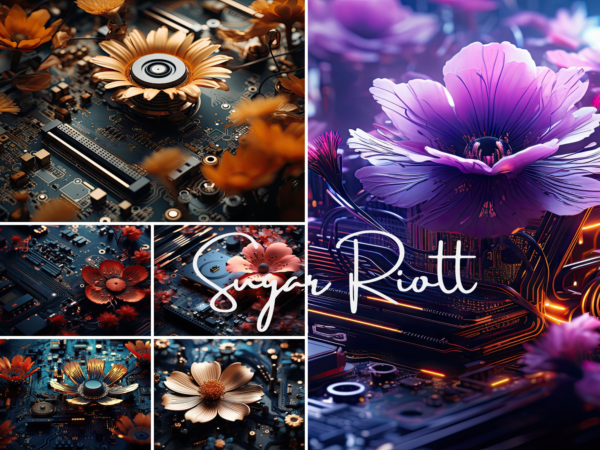 12 Circuit Board Flowers Digital Background, Electronic Plant Life ...