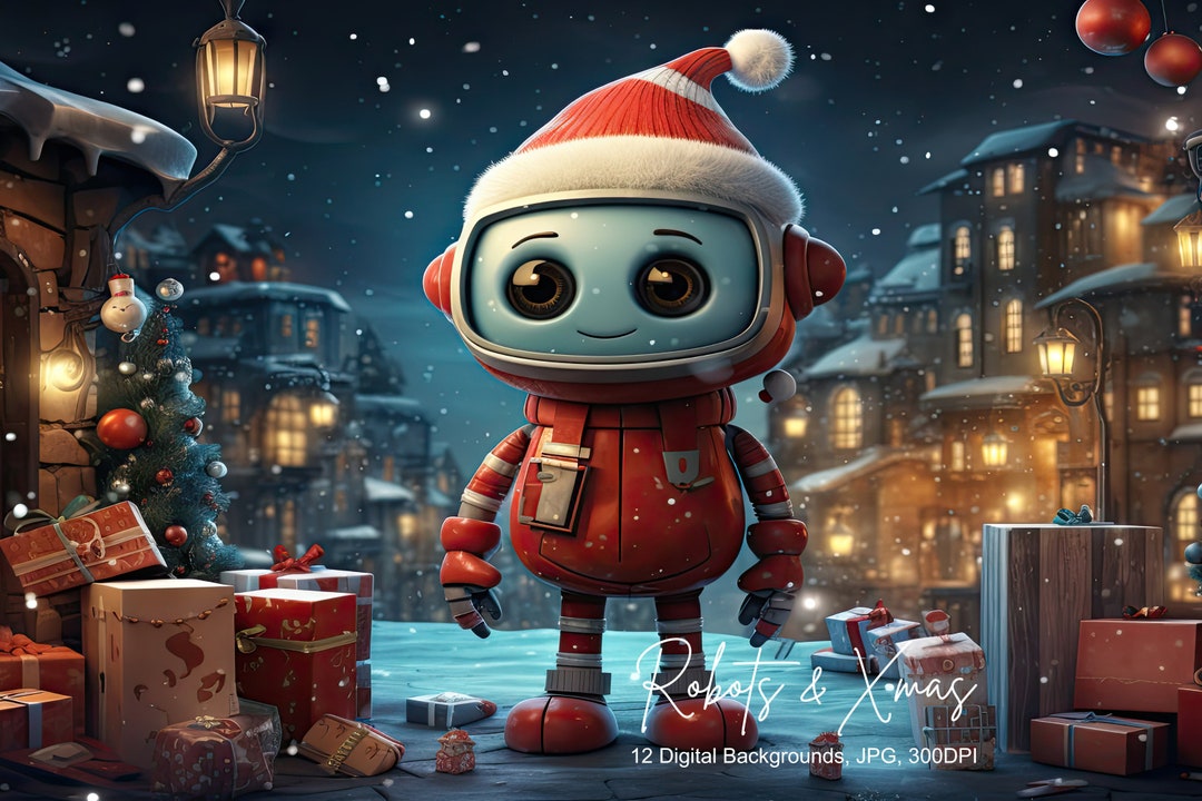 12 Robots Xmas Digital Backgrounds, Retro Vintage Santa Christmas, Toys ...
