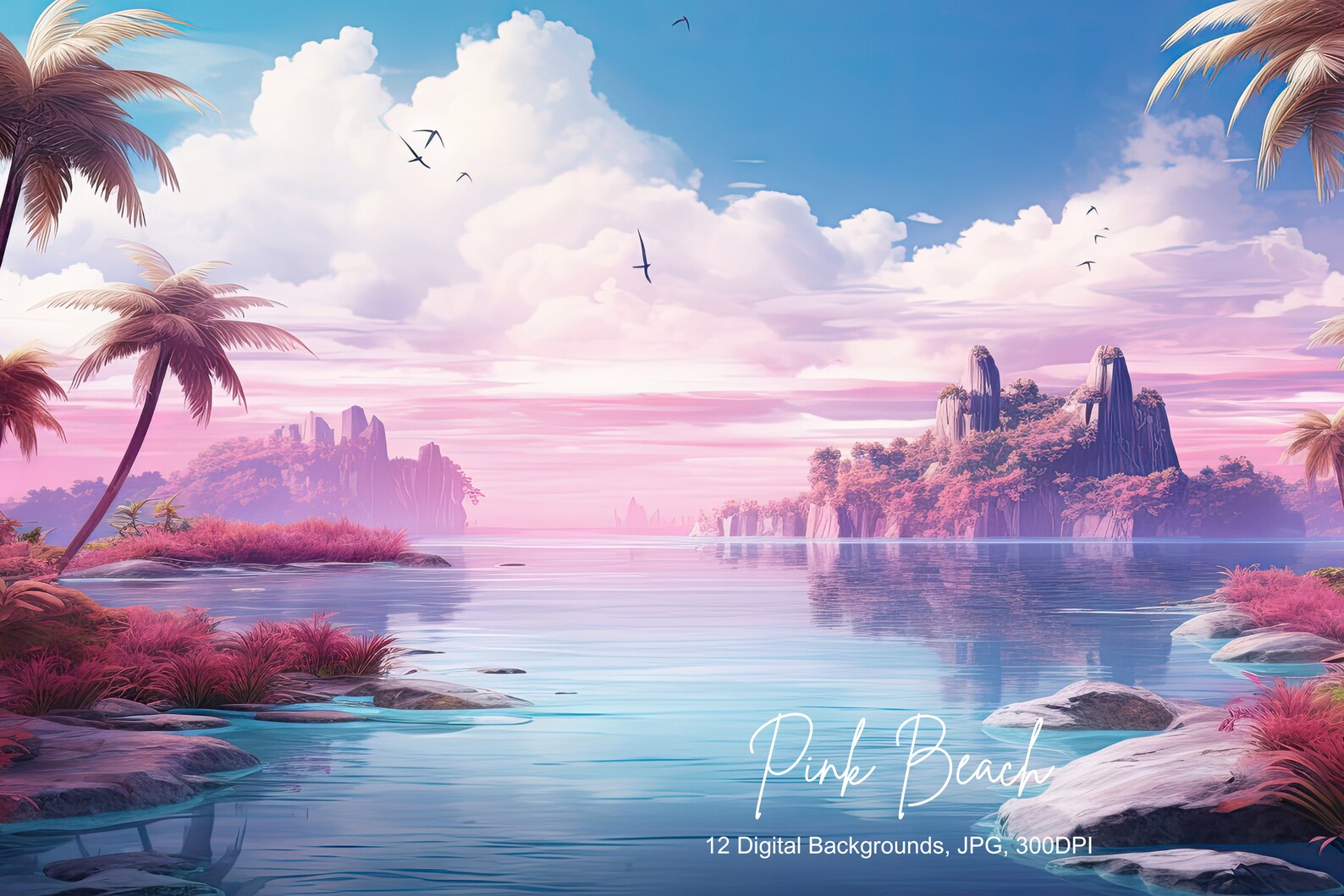 12 Pink Beach Digital Backgrounds, Sunsets Sand Ocean Sea, Fantasy ...