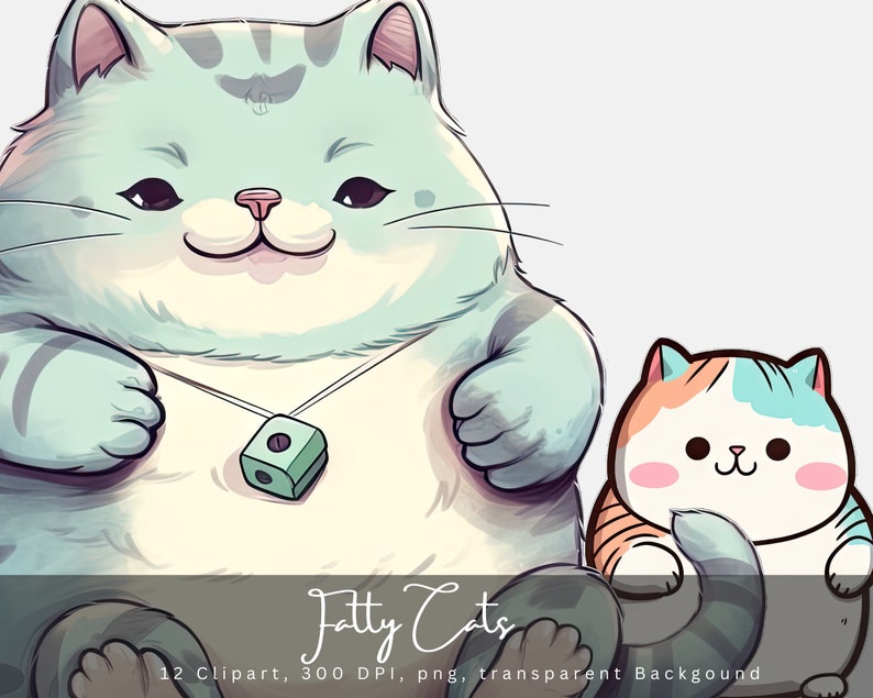 Whimsical Kawaii Fat Cartoon Cats Clipart Bundle 12 Cats 2 Bonus, Anime ...