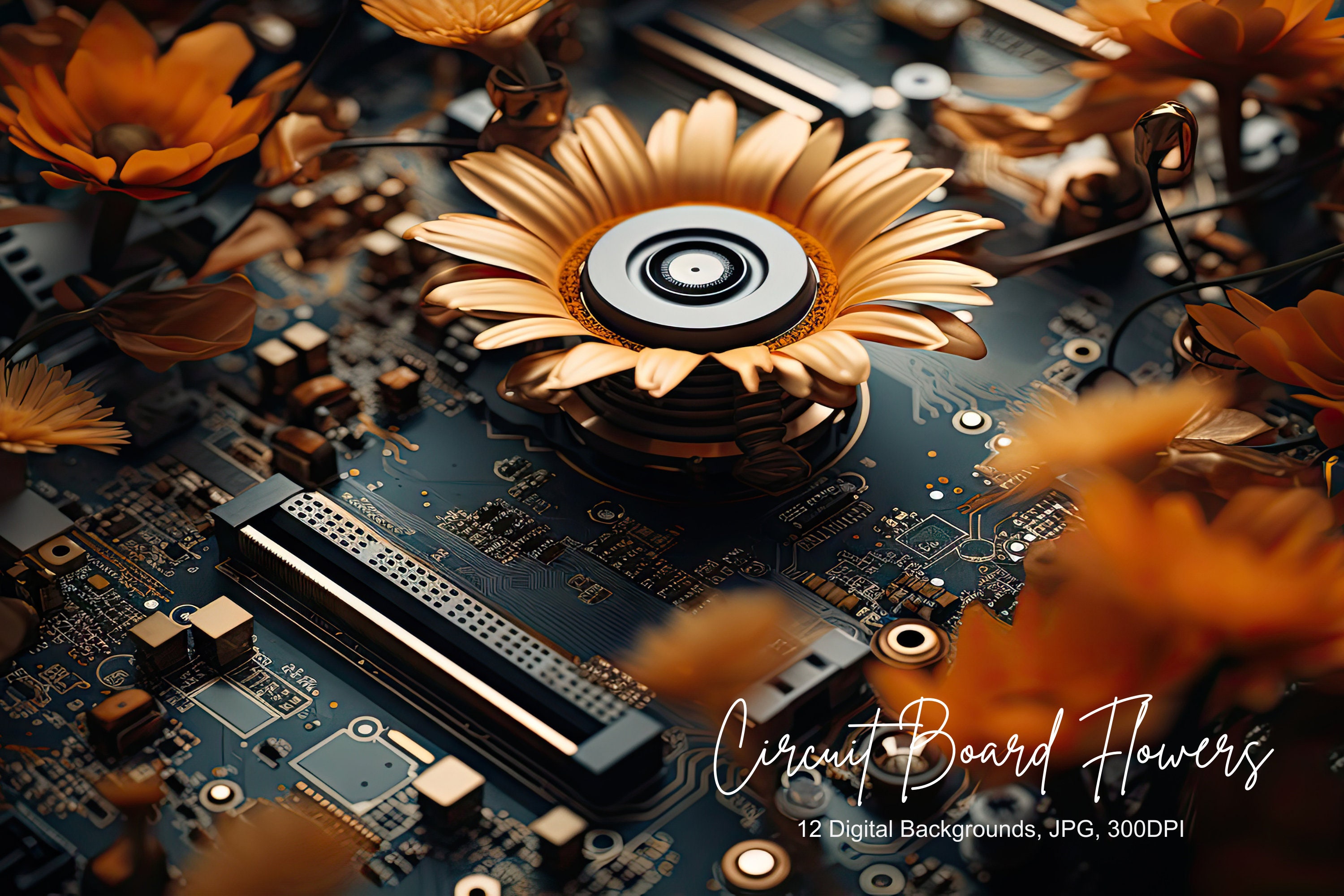 12 Circuit Board Flowers Digital Background, Electronic Plant Life ...