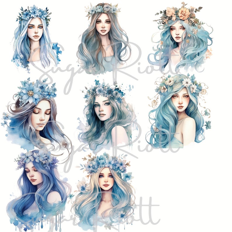 Watercolor Fairy Princess Clipart, Blue Hues, Floral, Enchanting ...