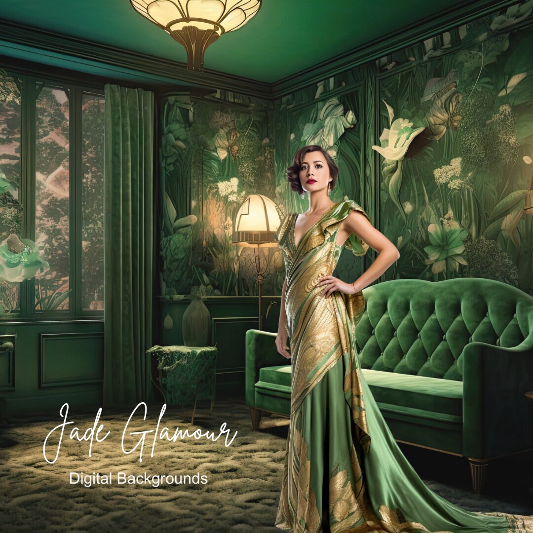 Jade Glamour: 15 Green Art Deco Inspired Digital Backdrops, Instant ...