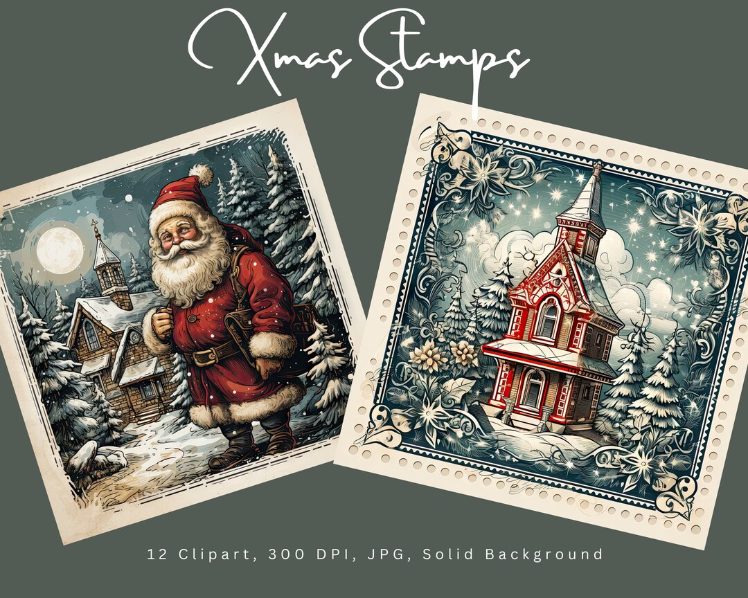 12 Xmas Stamps Digital Clipart, Collector, Winter Holiday, Santa, Snow ...