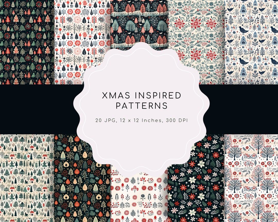 20 Christmas Theme Patterns, Block Print, Festive Folk Art, Winter ...