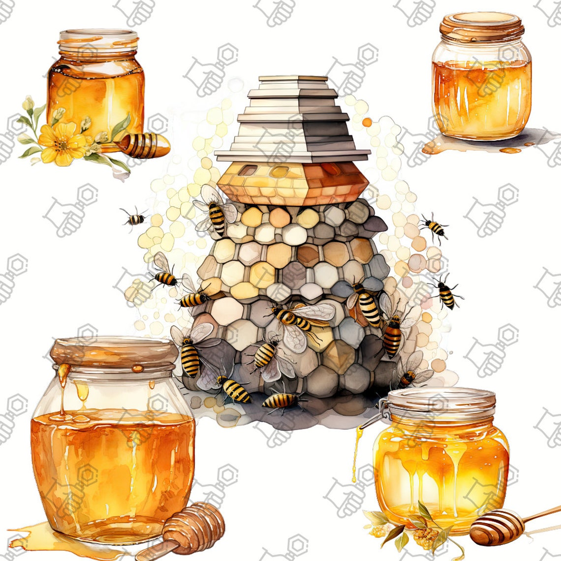 15 Digital Watercolor Clipart: Honeybees, Honey Jars, Honeycomb, Bees ...