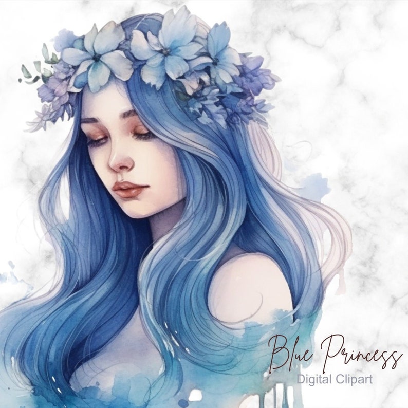 Watercolor Fairy Princess Clipart, Blue Hues, Floral, Enchanting ...