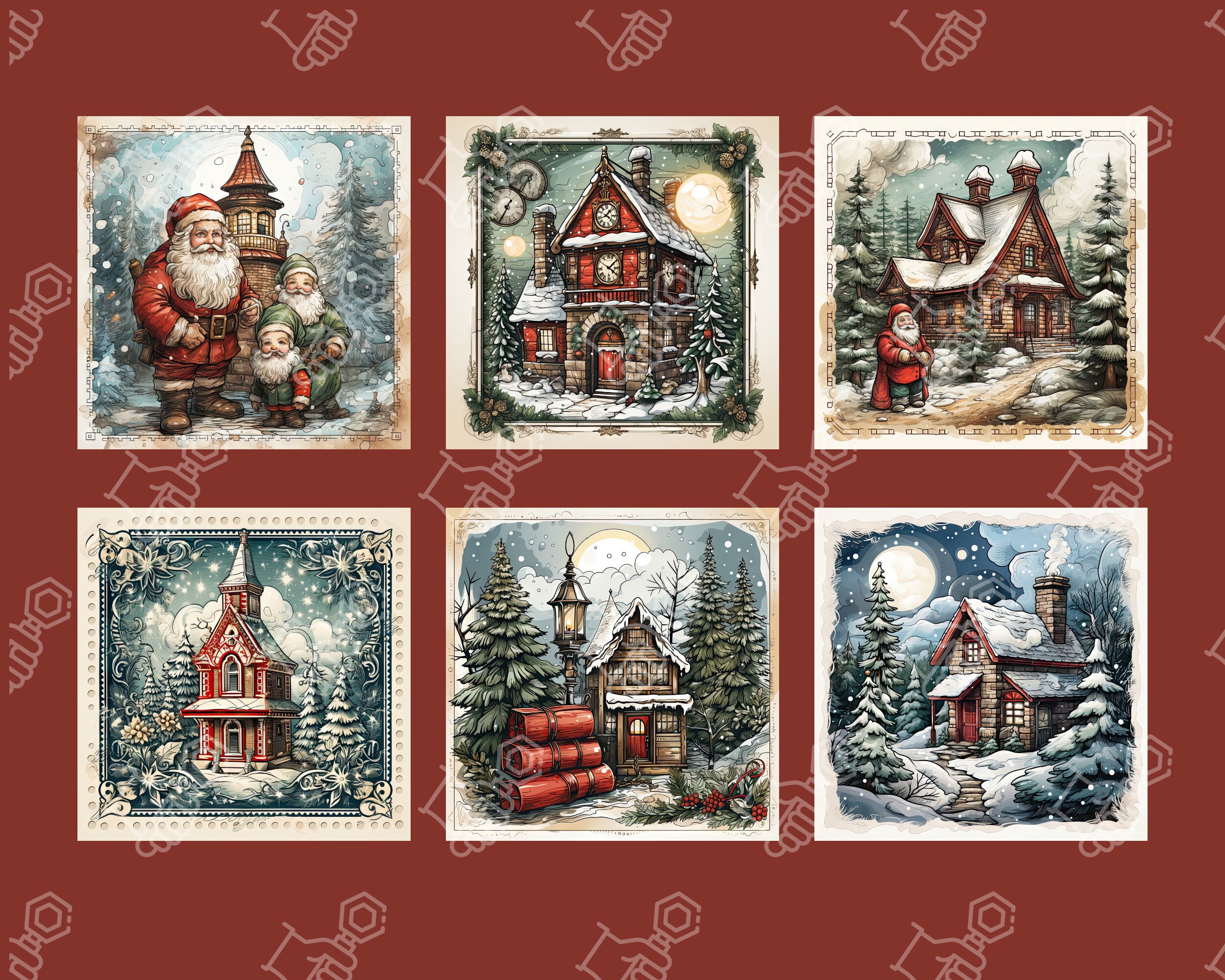 12 Xmas Stamps Digital Clipart, Collector, Winter Holiday, Santa, Snow ...