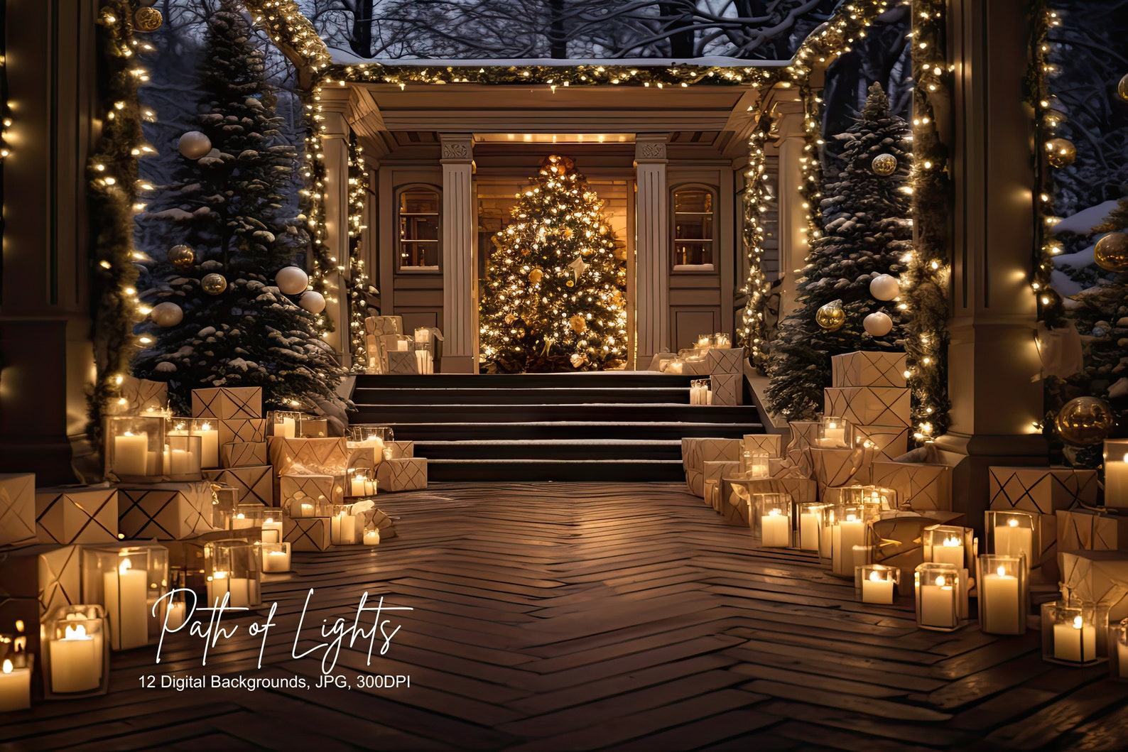 12 Christmas Path of Lights Digital Backgrounds, Sidewalks, String ...