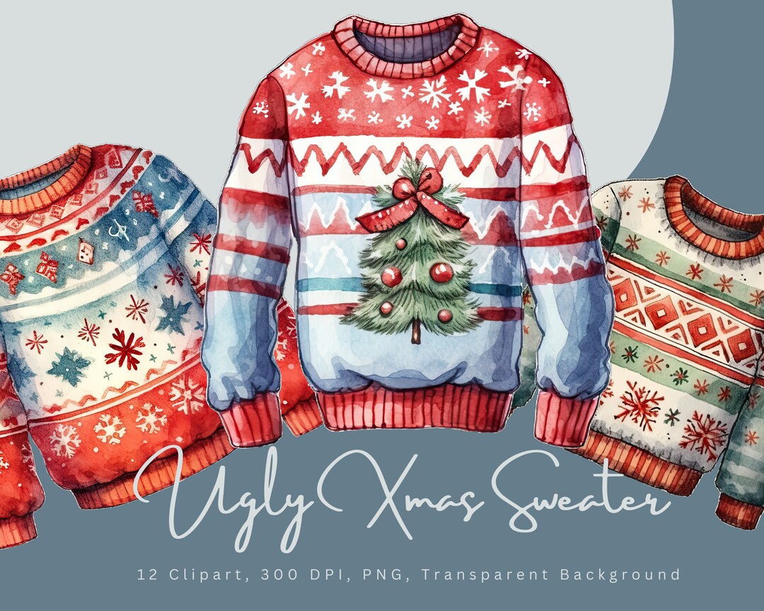 12 Ugly Xmas Sweaters Clipart, Seasonal, Winter Holiday, Santa, Xmas ...