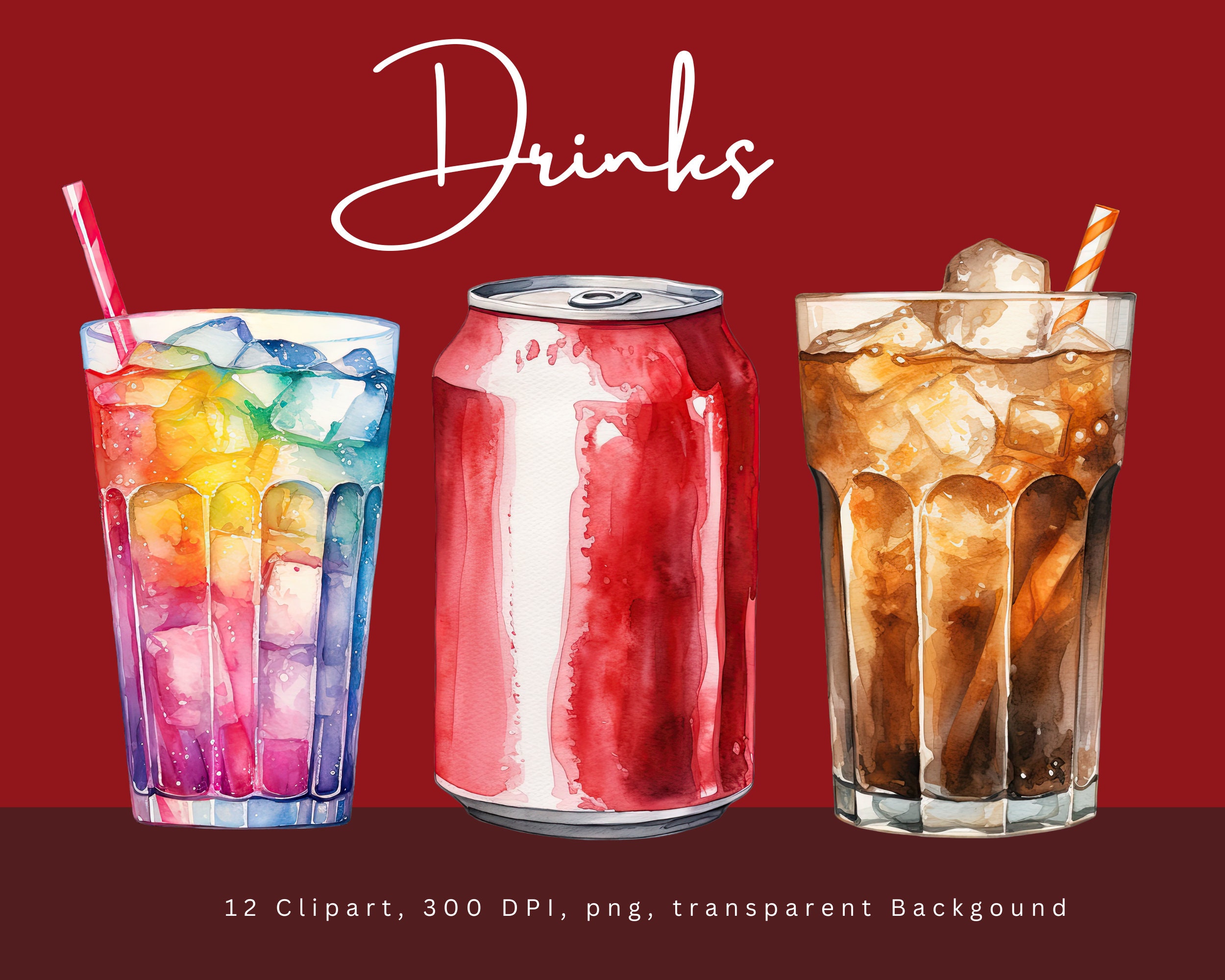 12 Ice Cold Drinks Clipart, Soda, Mint, Strawberry, Summertime, Canned, Glass, Straw, Watercolor ...