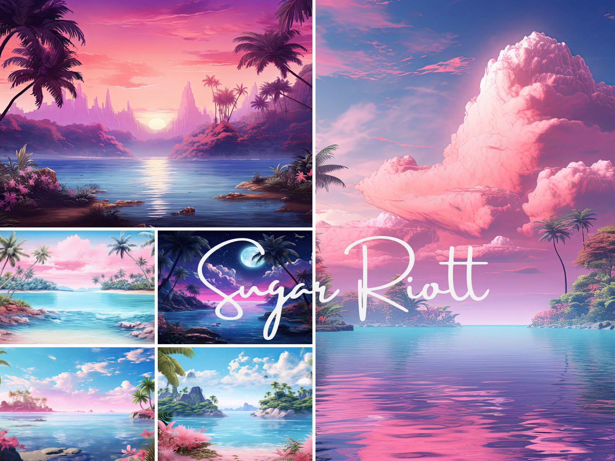 12 Pink Beach Digital Backgrounds, Sunsets Sand Ocean Sea, Fantasy ...
