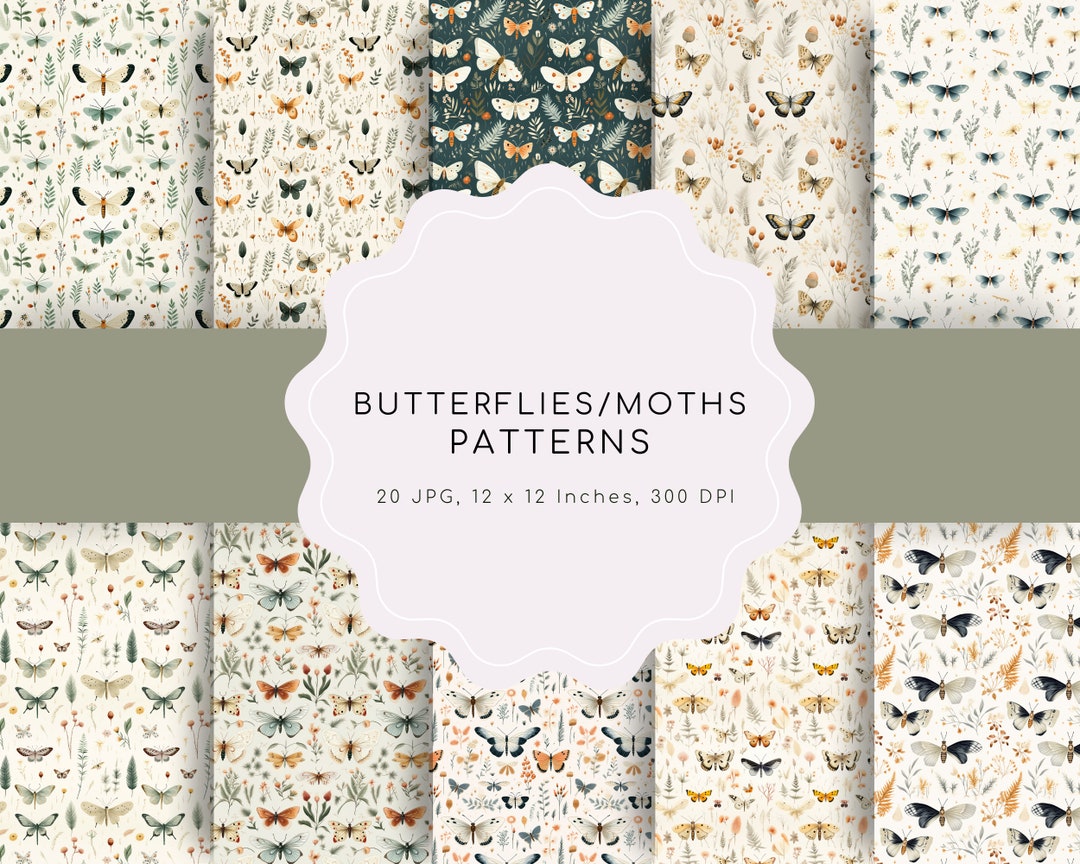 20 Butterflies & Moths Neutral Colors Digital Patterns, Seamless ...