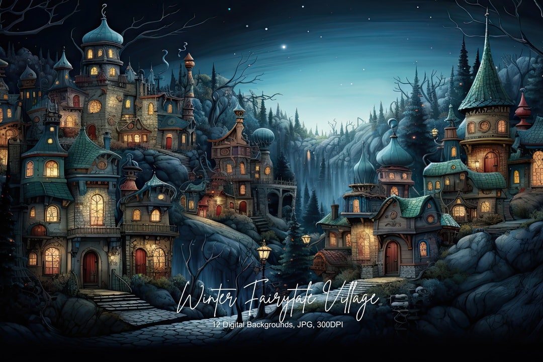 12 Winter Fairytale Village Digital Backgrounds, Christmas Town ...