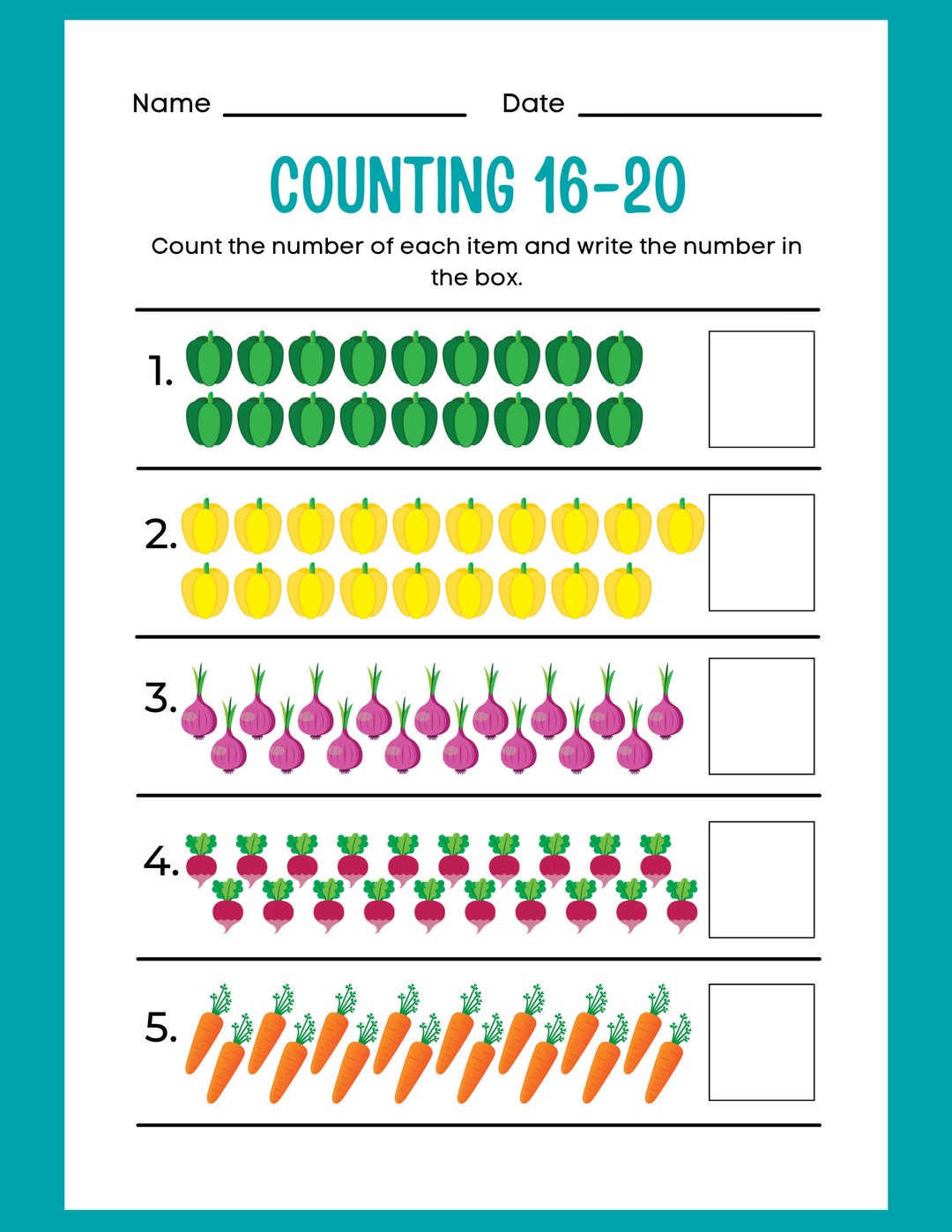 Fun Kindergarten Counting 16-20 Math Worksheet - Etsy