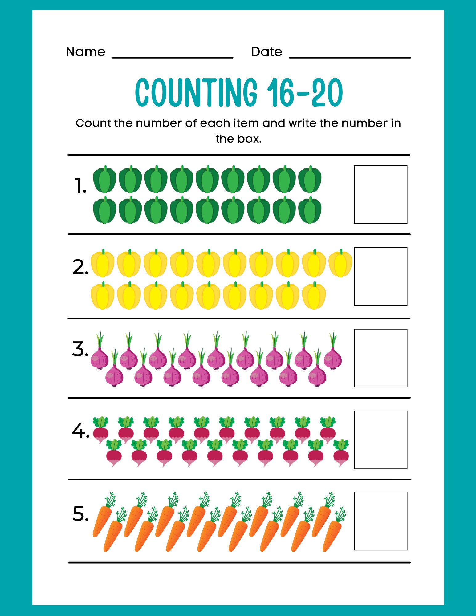 Fun Kindergarten Counting 16-20 Math Worksheet - Etsy
