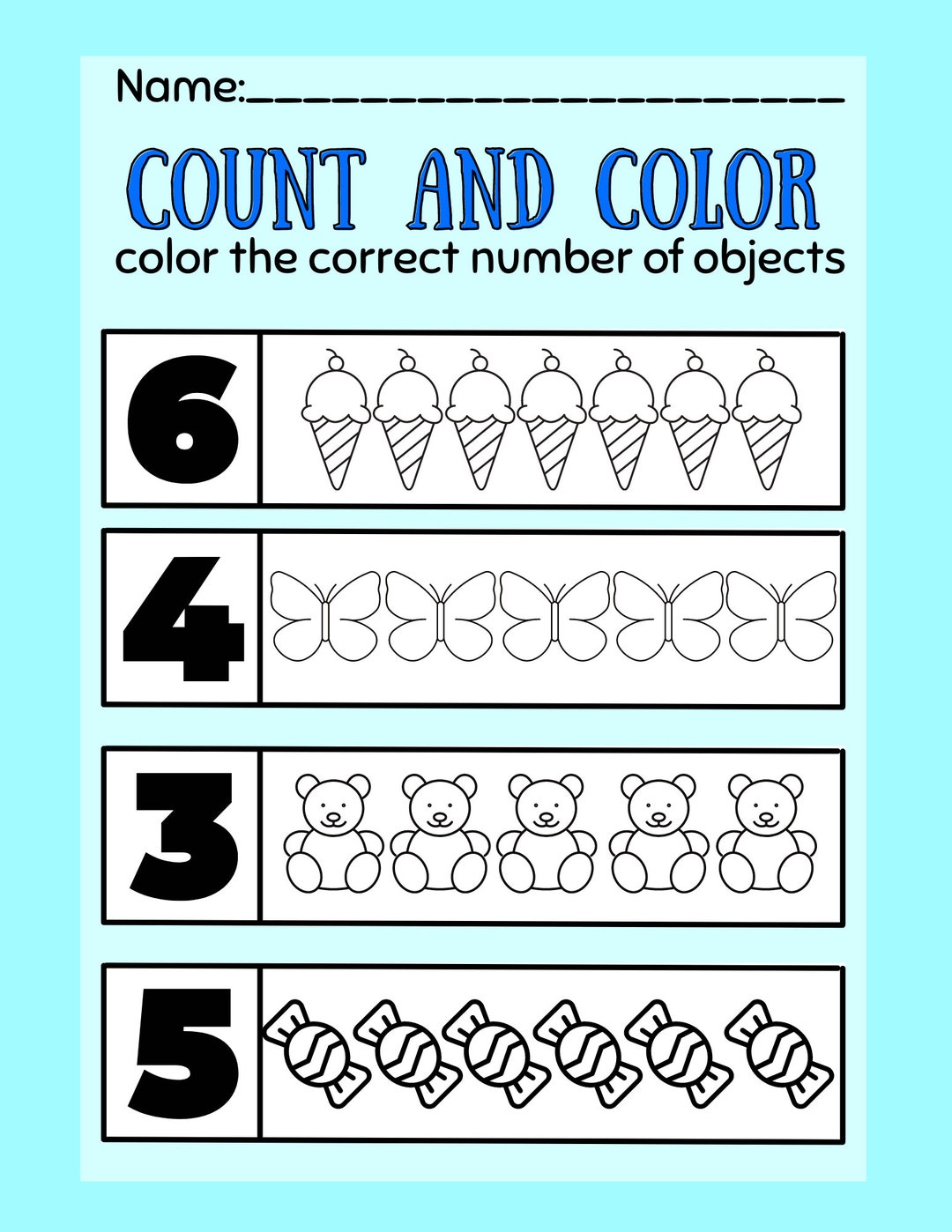 Count and Color Activity for Kindergarten Age 4 to 6 Worksheet - Etsy