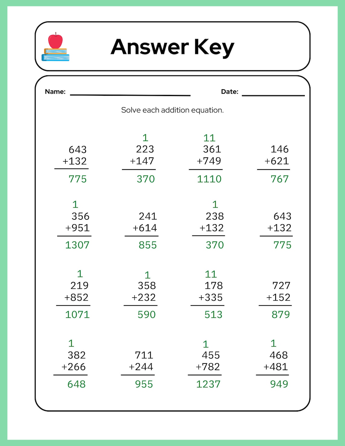 3 Digit Addition Worksheet - Etsy