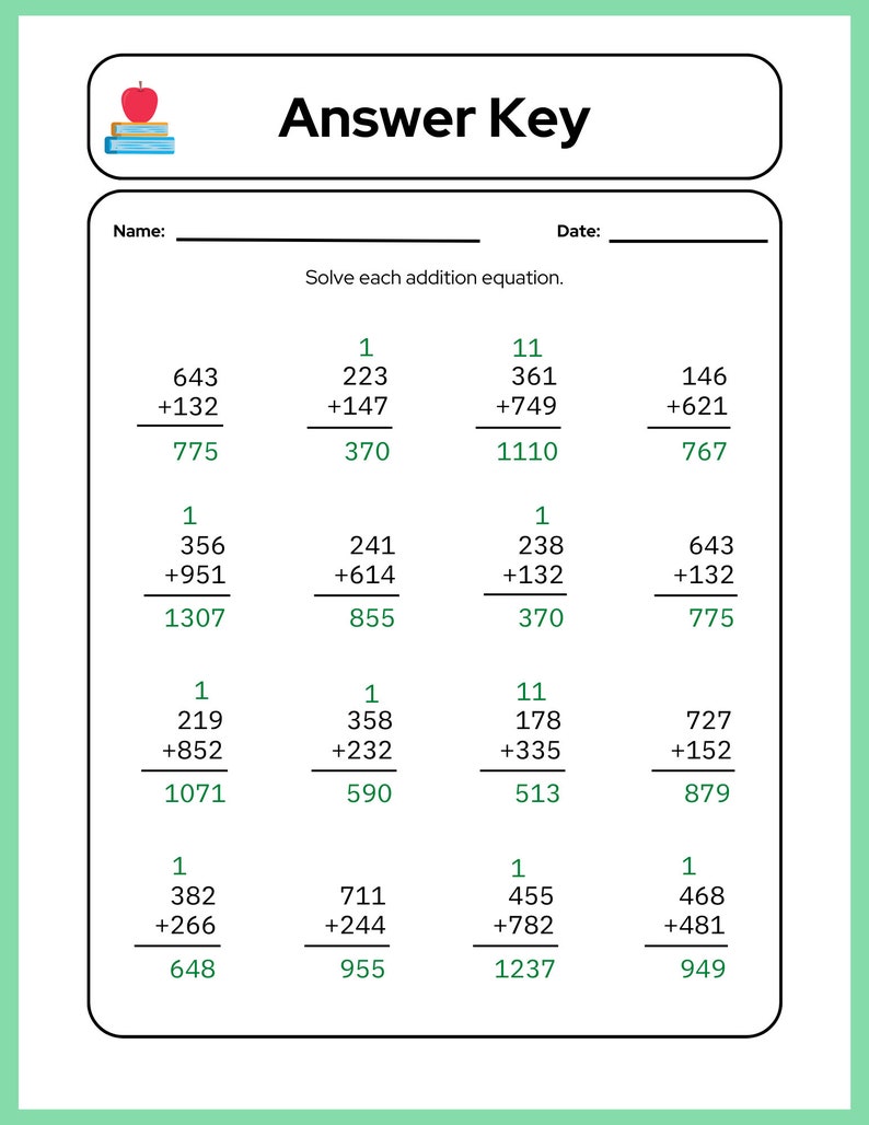 3 Digit Addition Worksheet - Etsy
