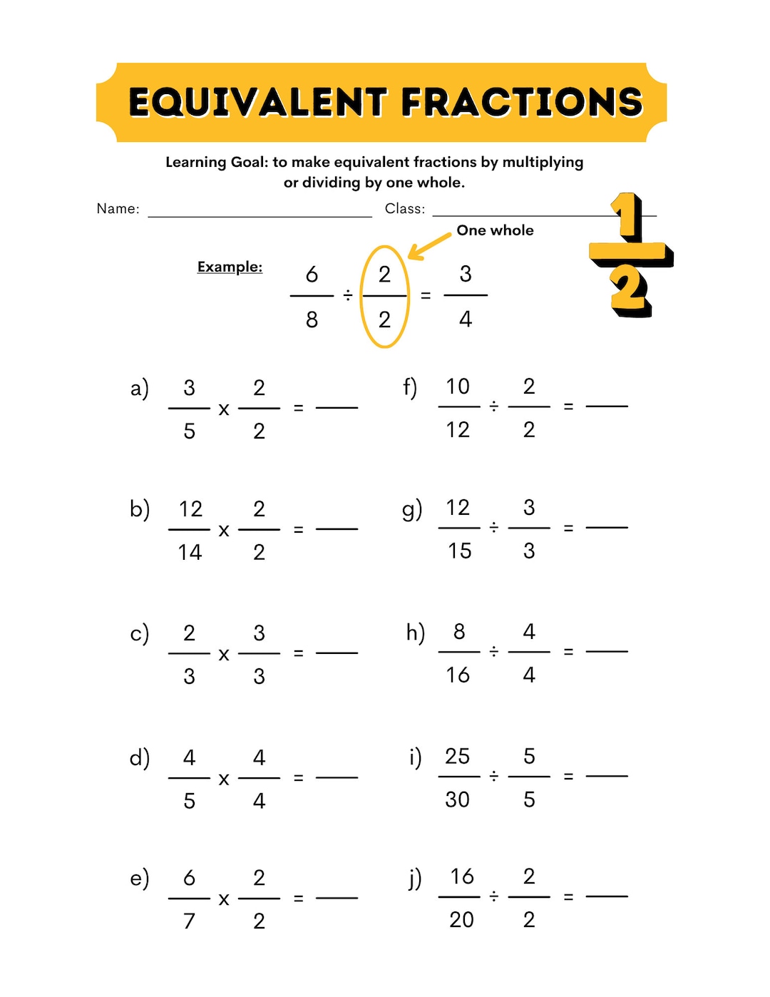 Simple Yellow Equivalent Fractions Maths Worksheet - Etsy
