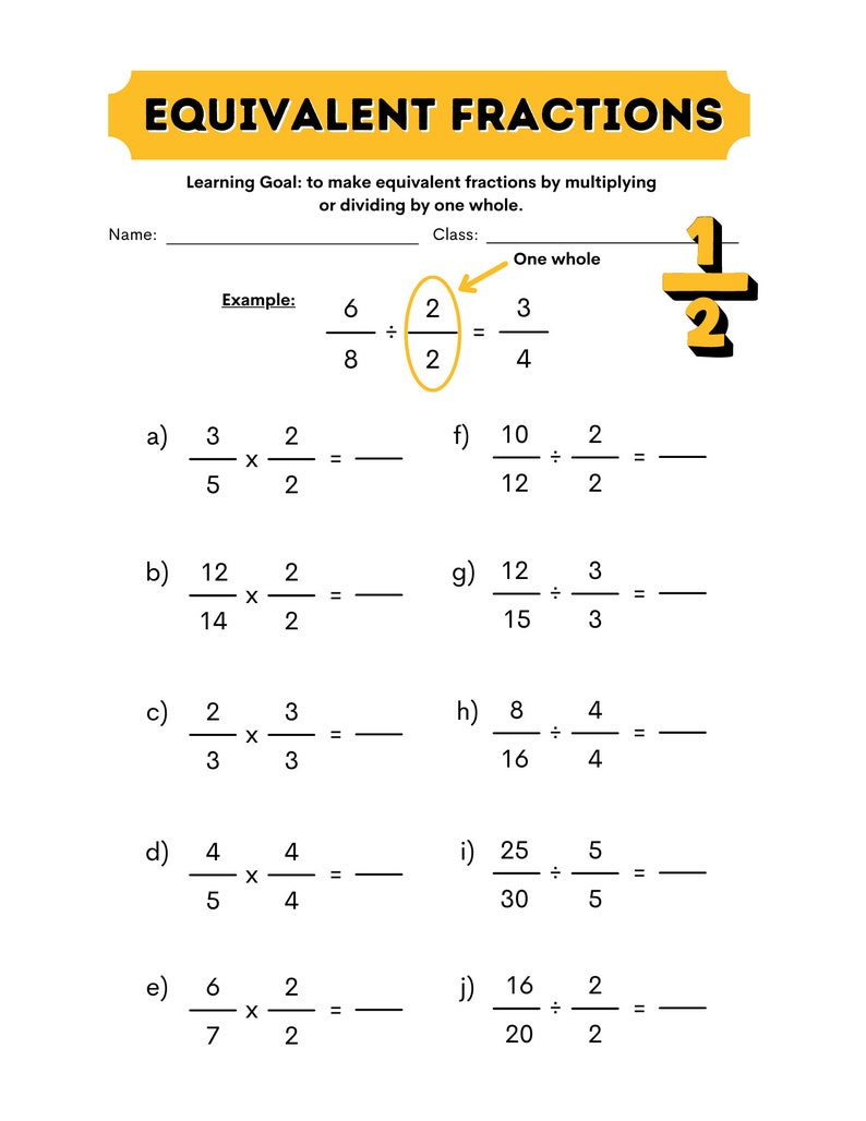 Simple Yellow Equivalent Fractions Maths Worksheet - Etsy