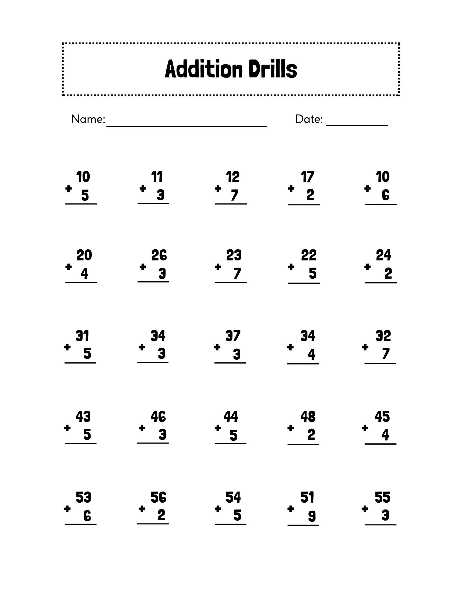 Black and White Back to School Printable Math Addition Drills Worksheet ...