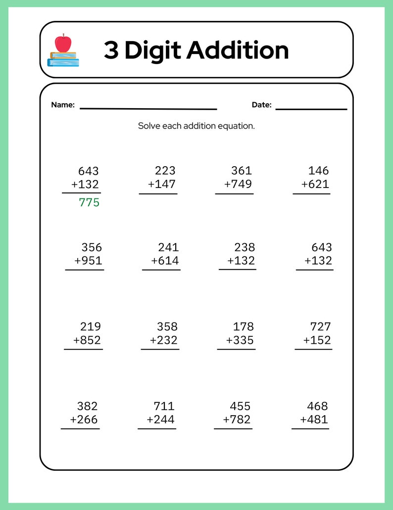 3 Digit Addition Worksheet - Etsy