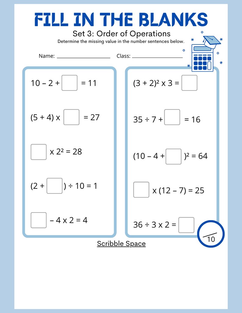Blue Minimalist Order of Operations Maths Worksheet - Etsy