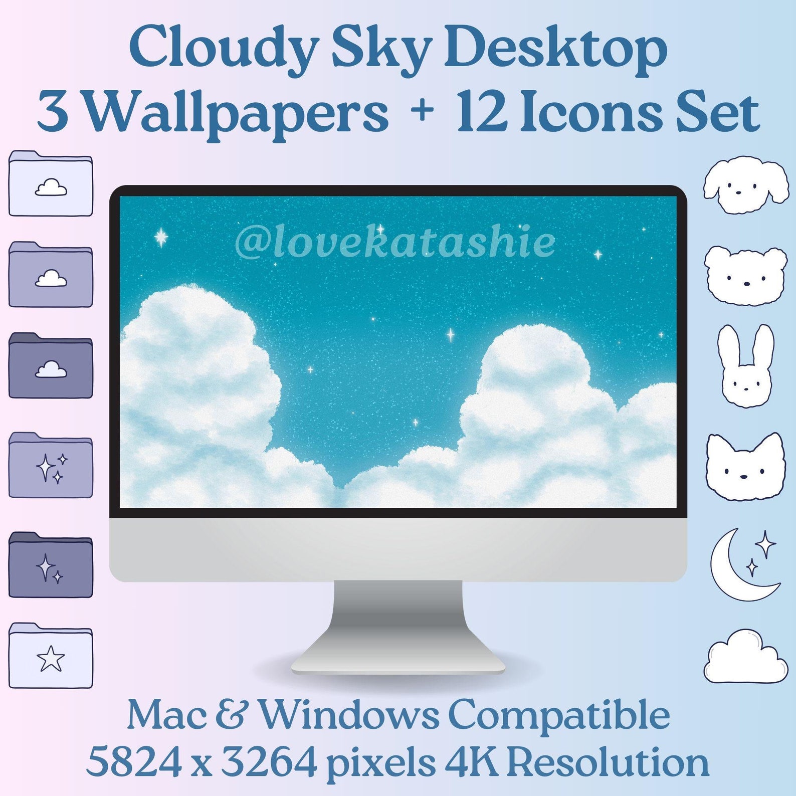 Cloudy Sky Desktop Wallpaper, Themed Desktop Icons Set, Cloud Themed ...