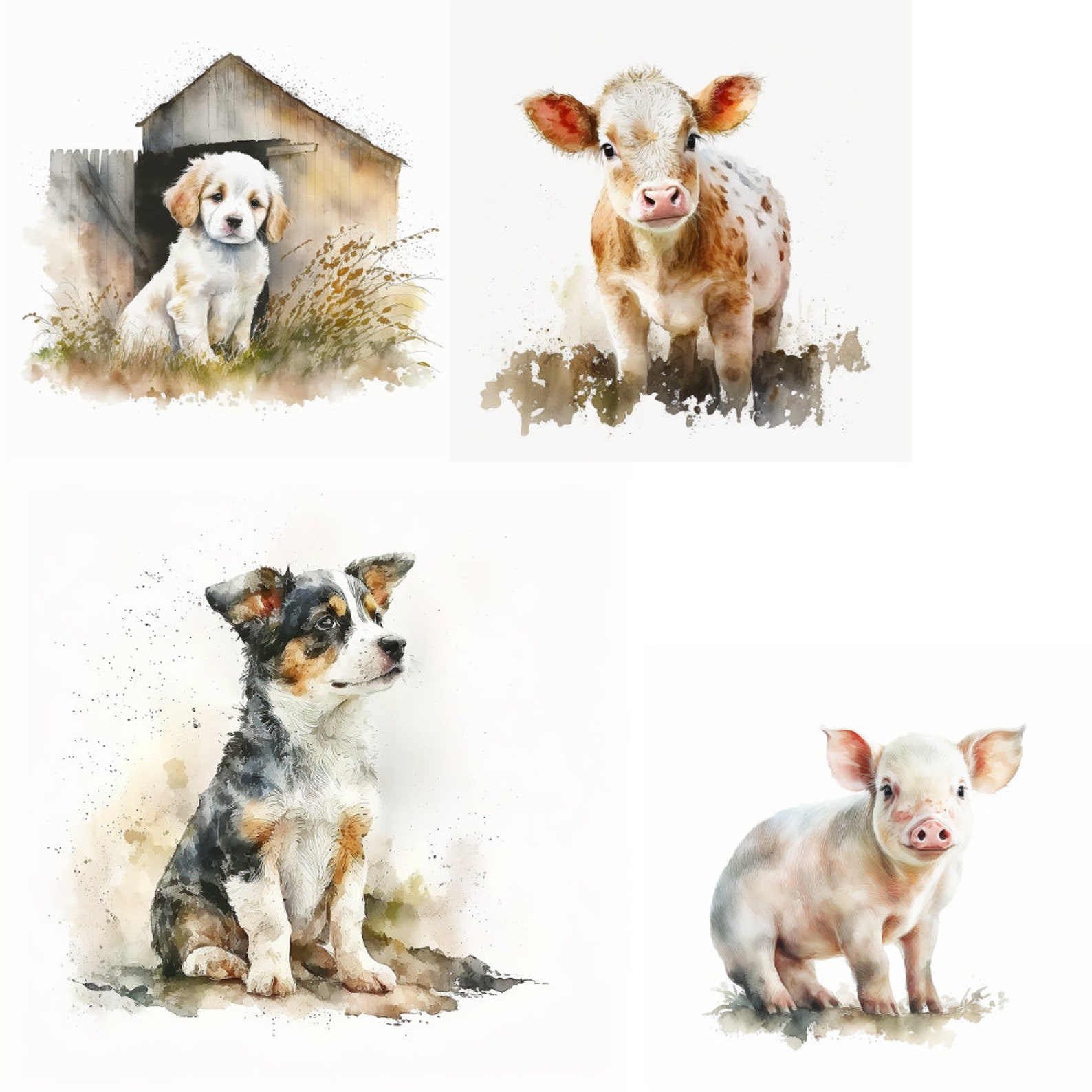 20 - Cute Farm Animals Watercolor Digital Clipart | PNG Files ...