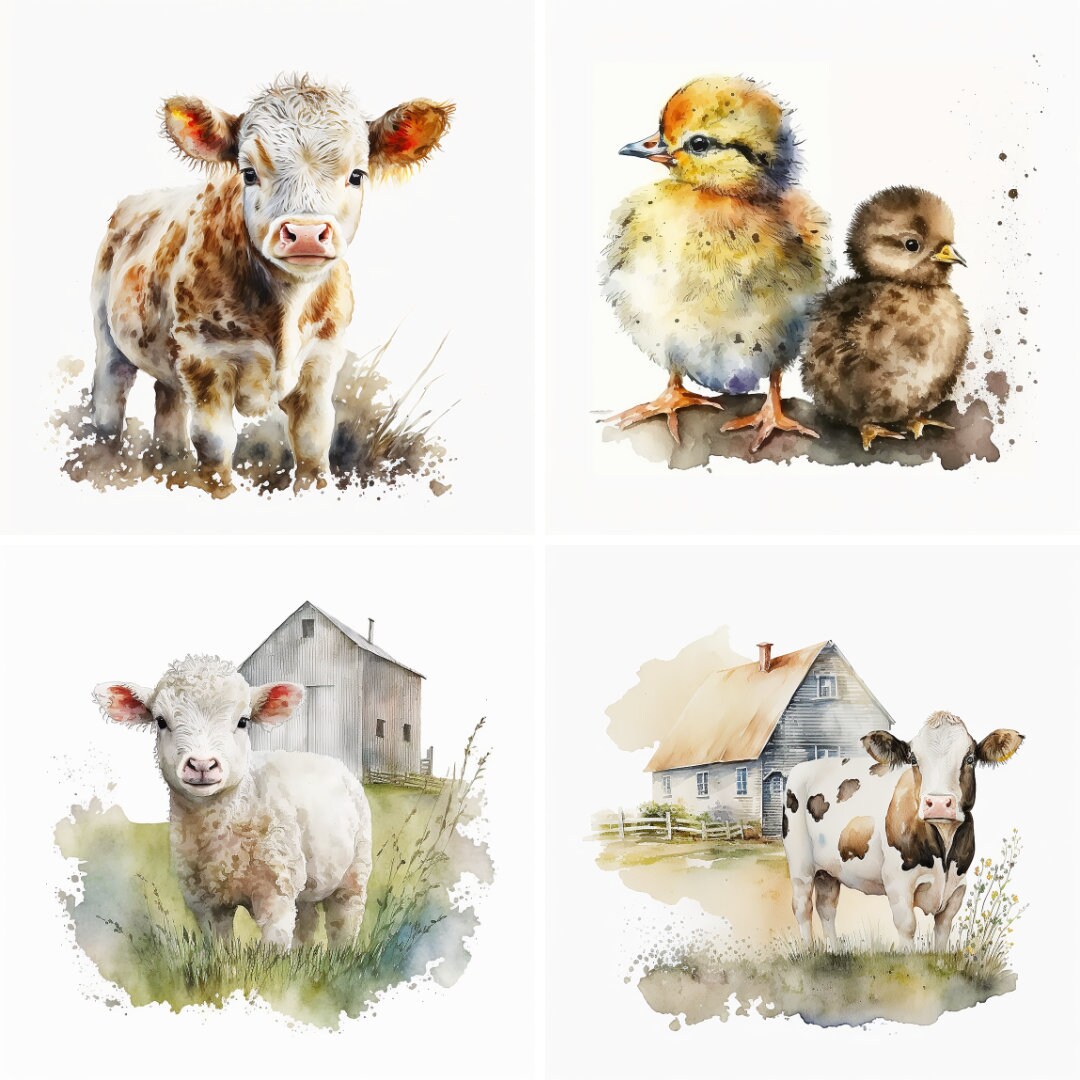 20 - Cute Farm Animals Watercolor Digital Clipart | PNG Files ...