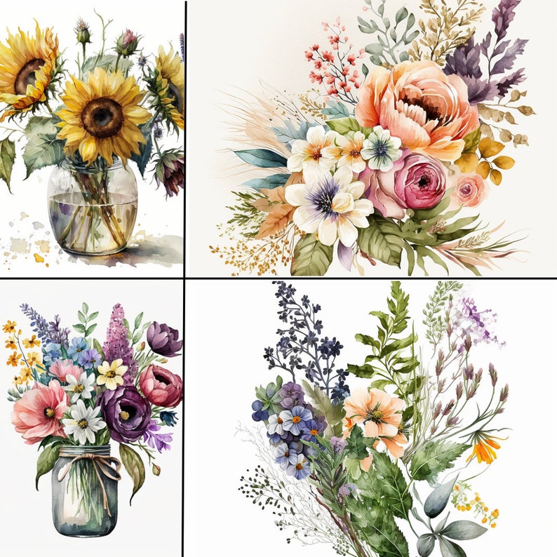 Botanical Clipart Digital Download Watercolor Flowers - Etsy