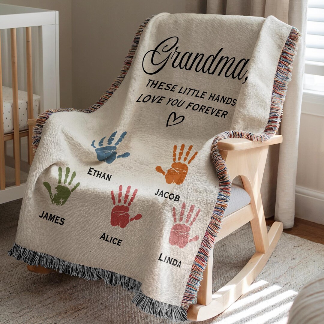 Personalized Grandma Handprint Woven Blanket, Custom Grandma Blanket ...