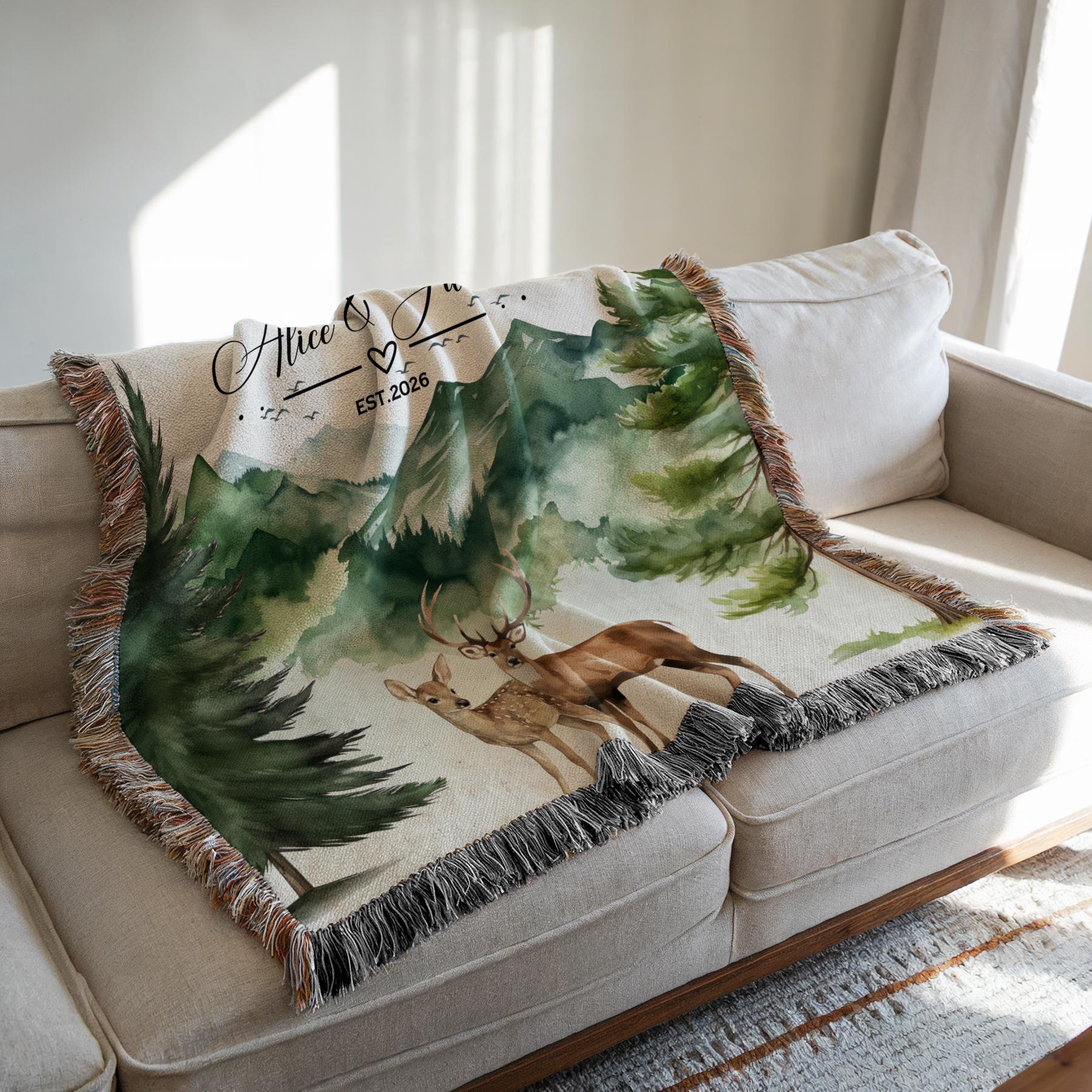 Personalized Couple Woven Blanket, Custom Names Woodland Deer Throw ...