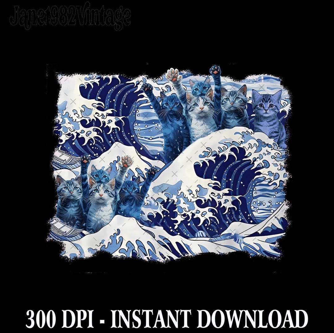 Blue Wave Cat for Kamala Png, Ukiyo-e Inspired Japanese Artistic Cat ...