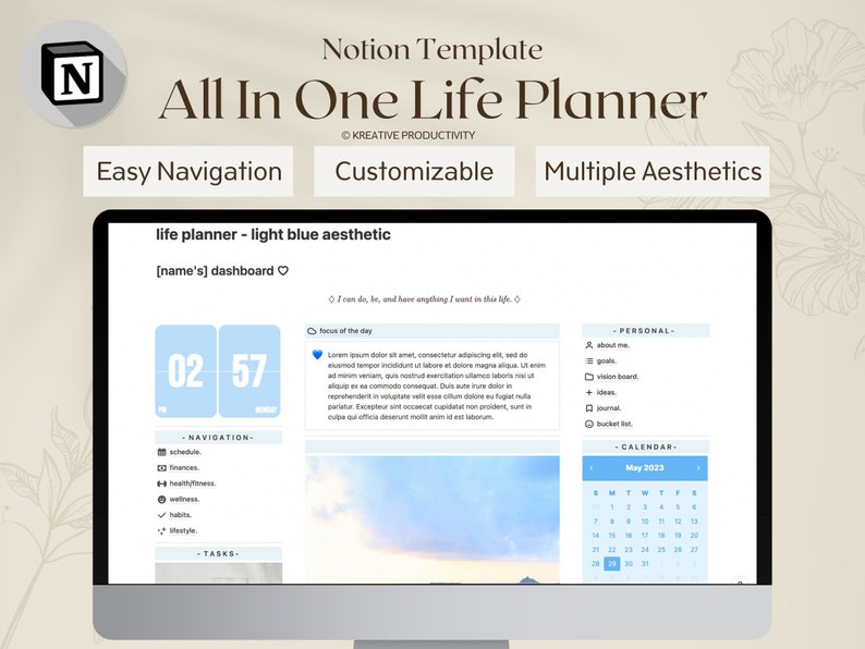 Notion Template - Aesthetic Life Planner All in One Template, Dashboard, Calendar, Personal ...