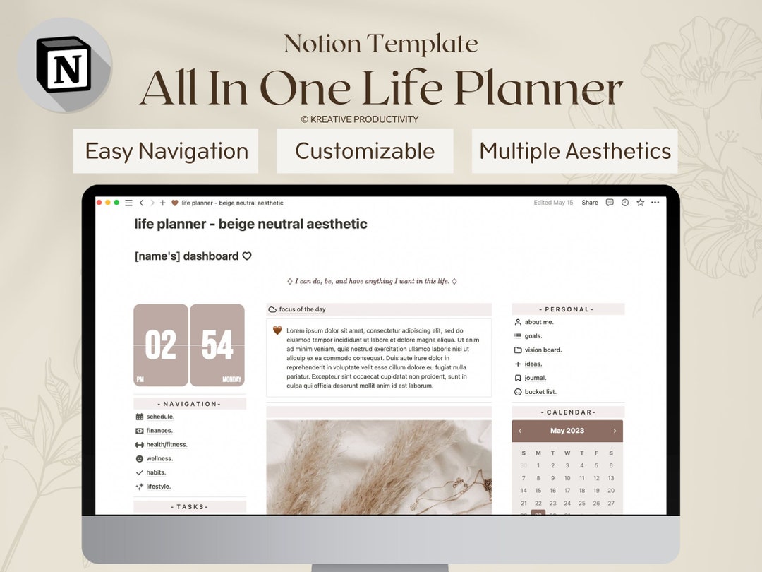 Notion Template Aesthetic Life Planner All in One Template, Dashboard ...