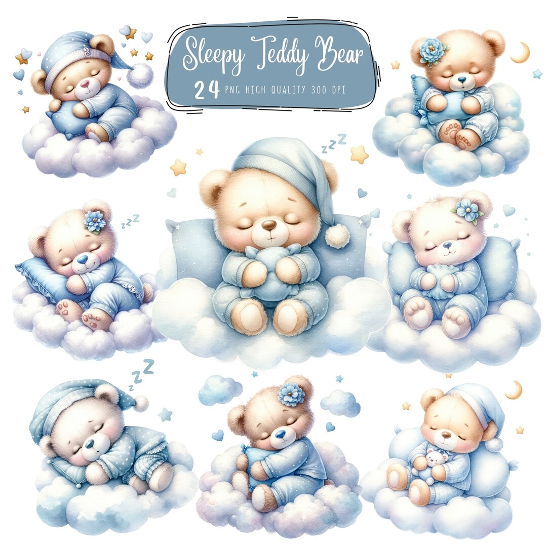 Watercolor Teddy Bear Clipart: Sleepy Bear on Cloud PNG (digital ...
