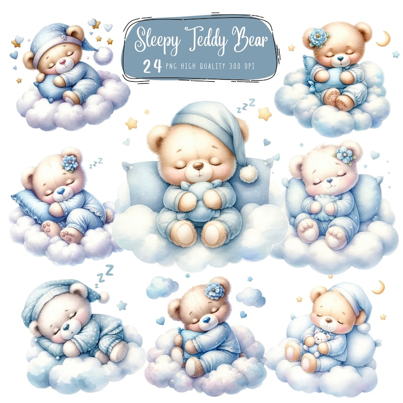 Watercolor Teddy Bear Baby Shower Clipart, Cute Bear Sleeping on the ...