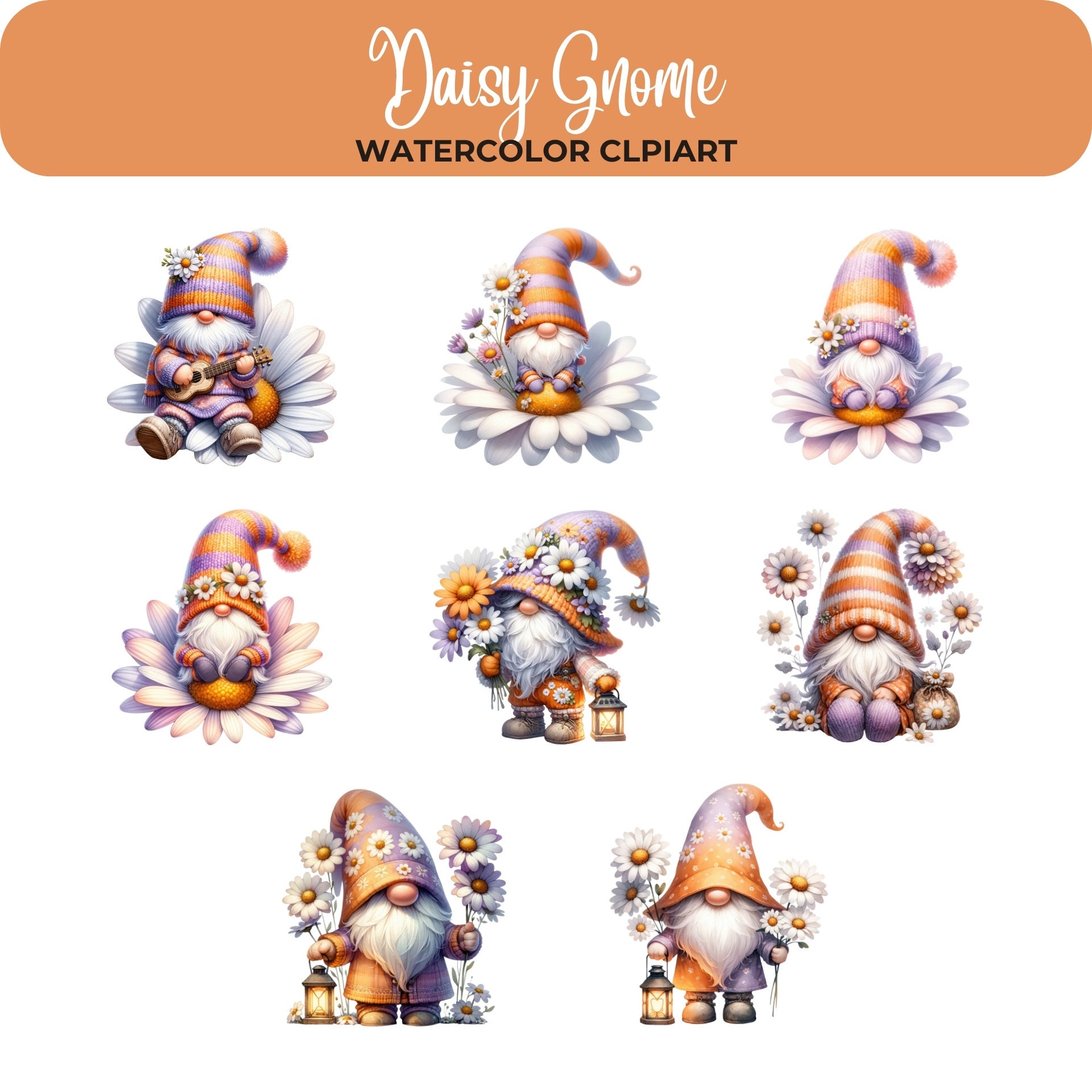 Watercolor Spring Daisy Gnome Collection, Gnome Daisy Clipart, Flower ...
