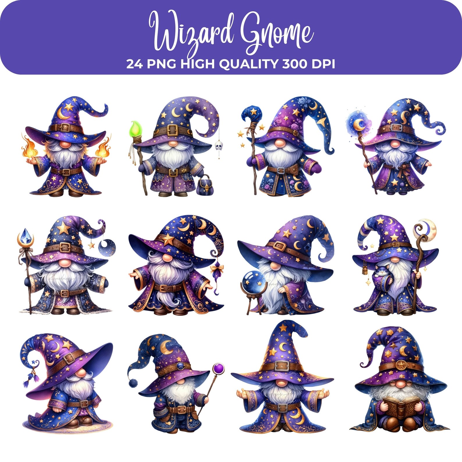 Watercolor Wizard Gnomes Clipart Bundle, Purple Gnomes Png, Whimsical ...
