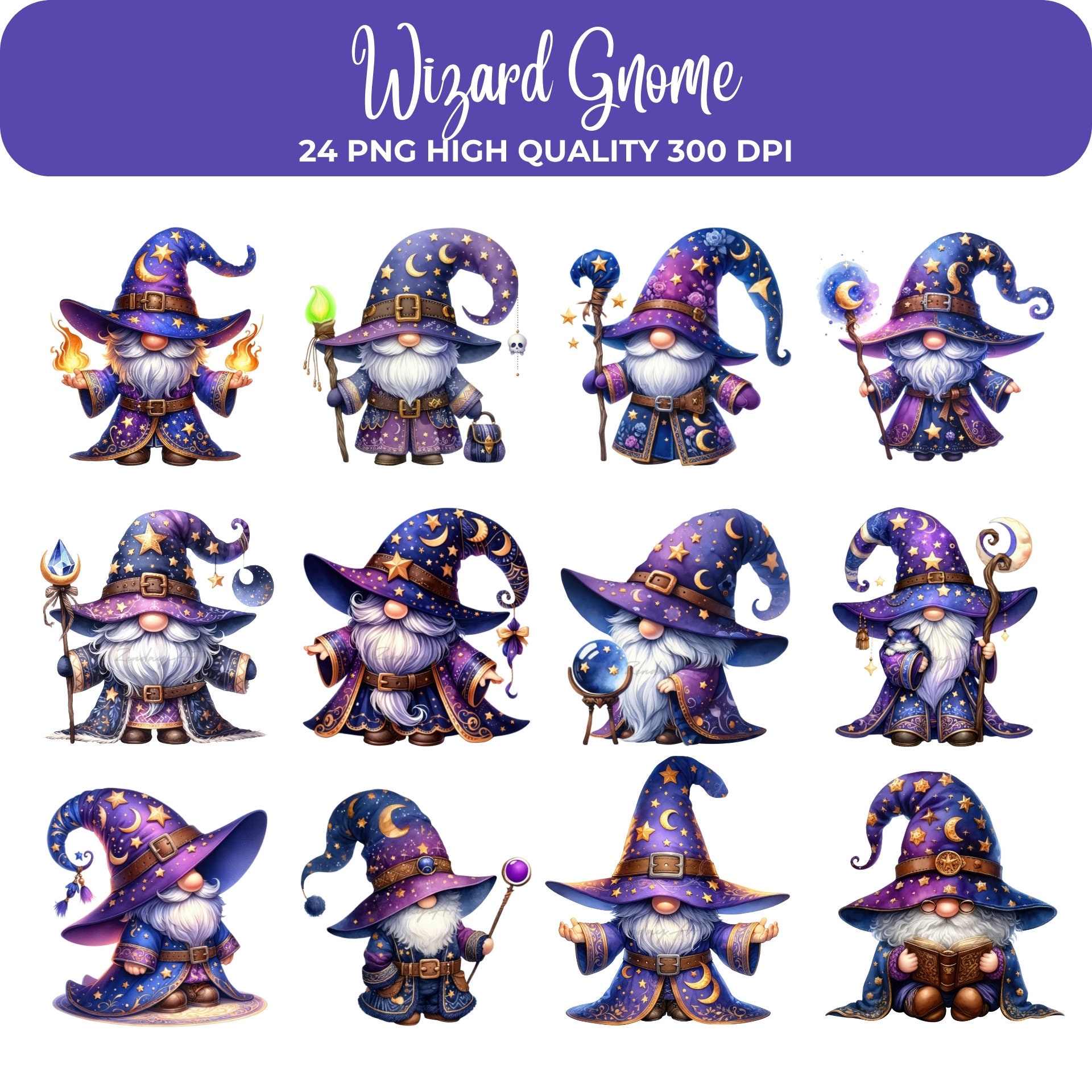 Watercolor Wizard Gnomes Clipart Bundle, Purple Gnomes Png, Whimsical ...