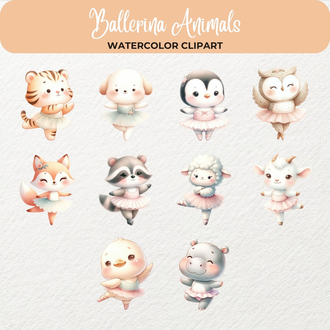Watercolor Ballerina Clipart, Cute Animal Clipart, Watercolor Ballerina ...
