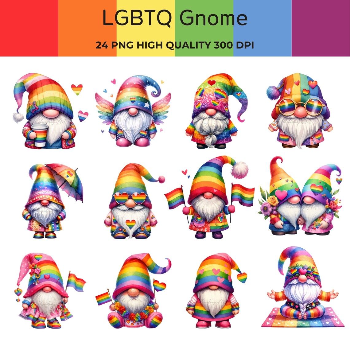 Watercolor LGBTQ Pride Gnome Clipart, Rainbow Gnome PNG, Couple Gnome ...