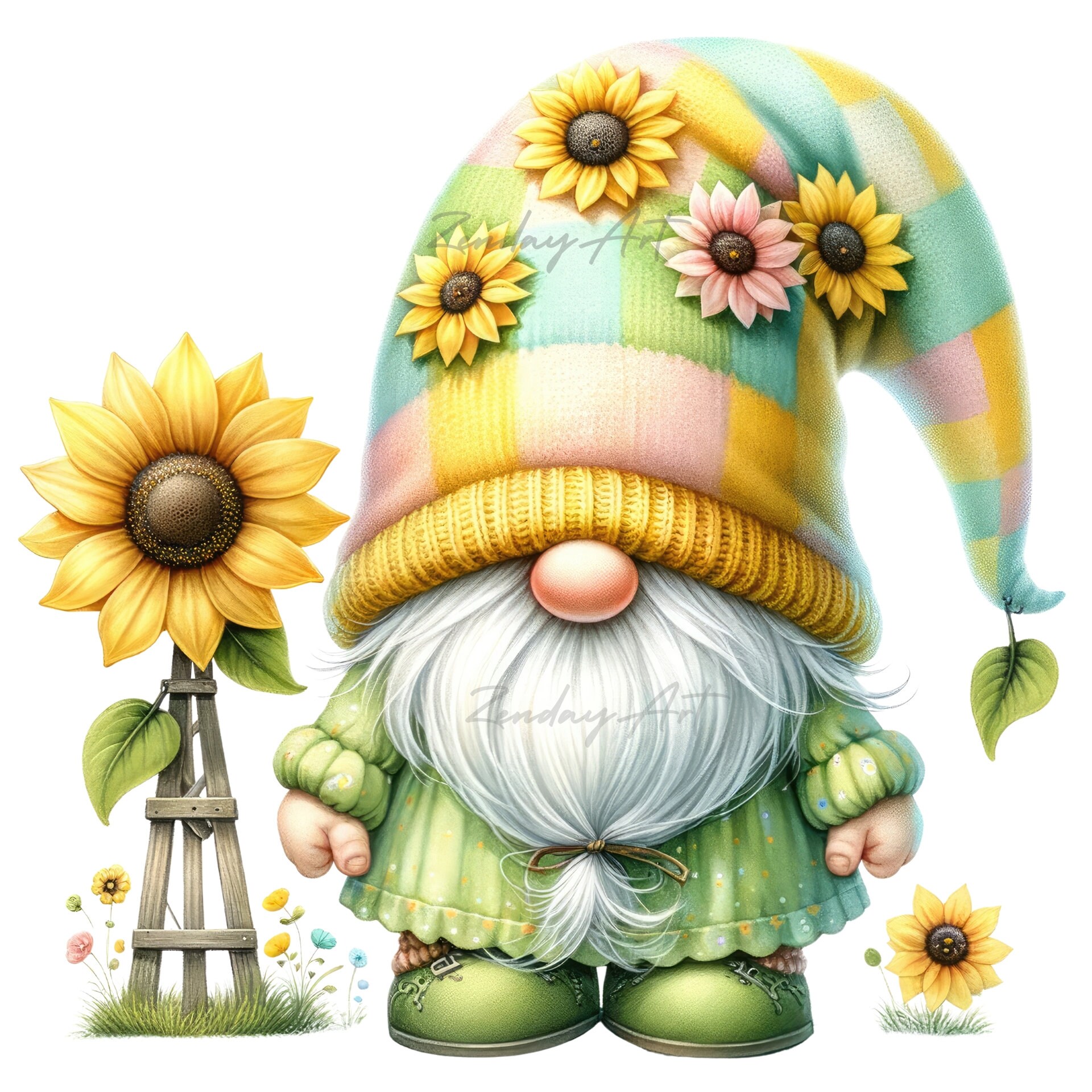 Watercolor Sunflowers Gnome Clipart, Garden Clipart, Flowers Gnomes ...