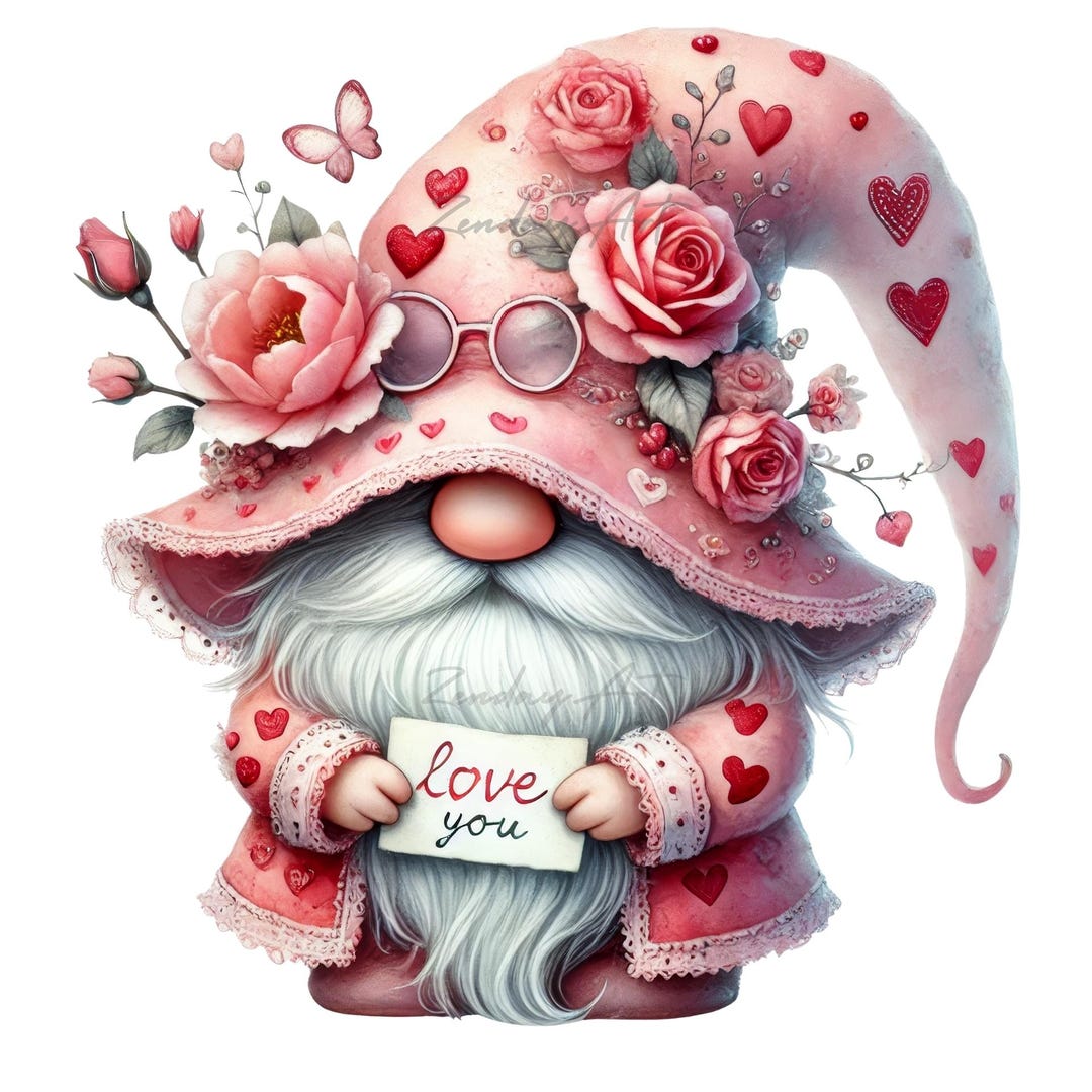 Watercolor Valentine's Gnome Clipart: Hearts & Roses PNG (digital ...