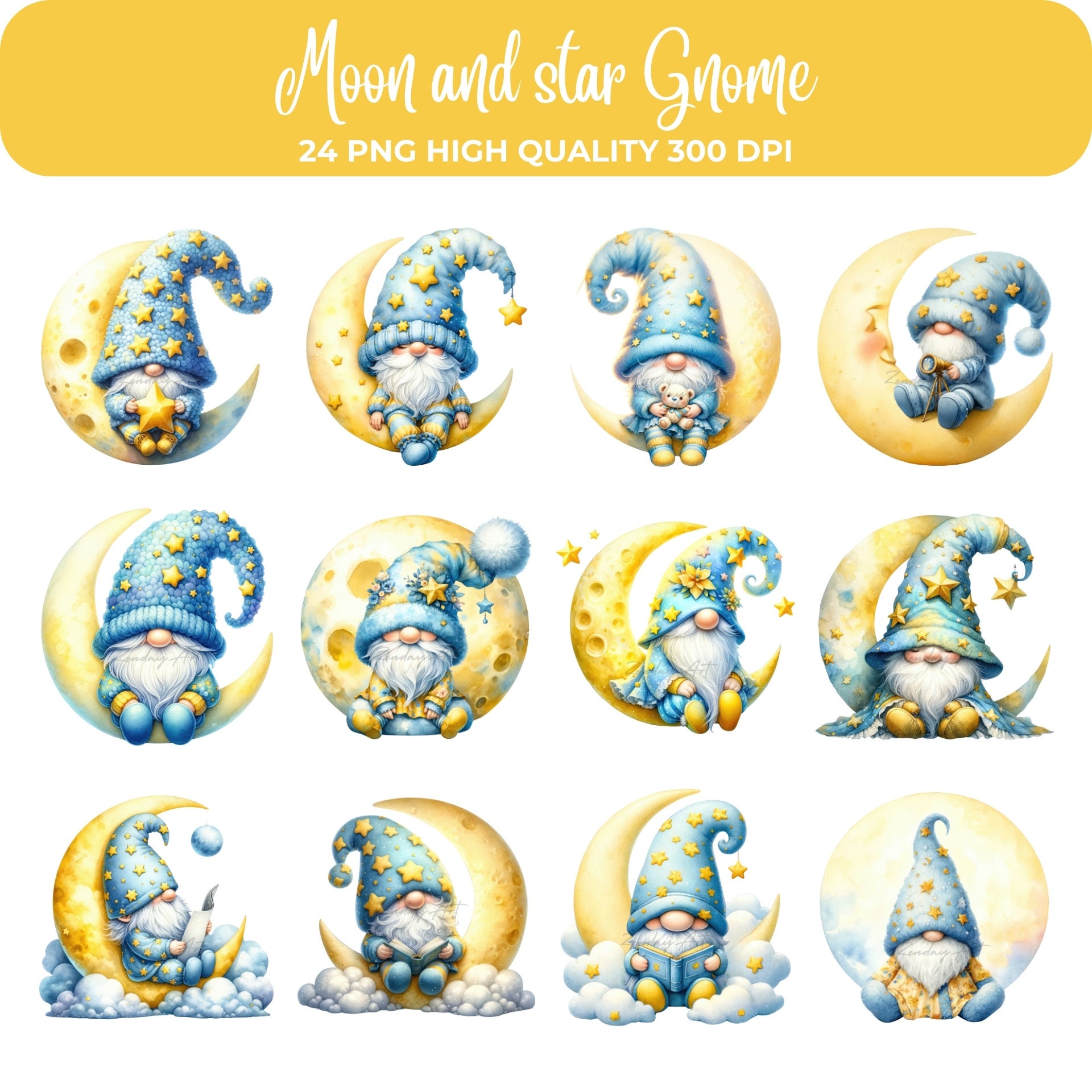 Watercolor Moon and Star Gnome Clipart Bundle, Gnome Sit on the Moon ...