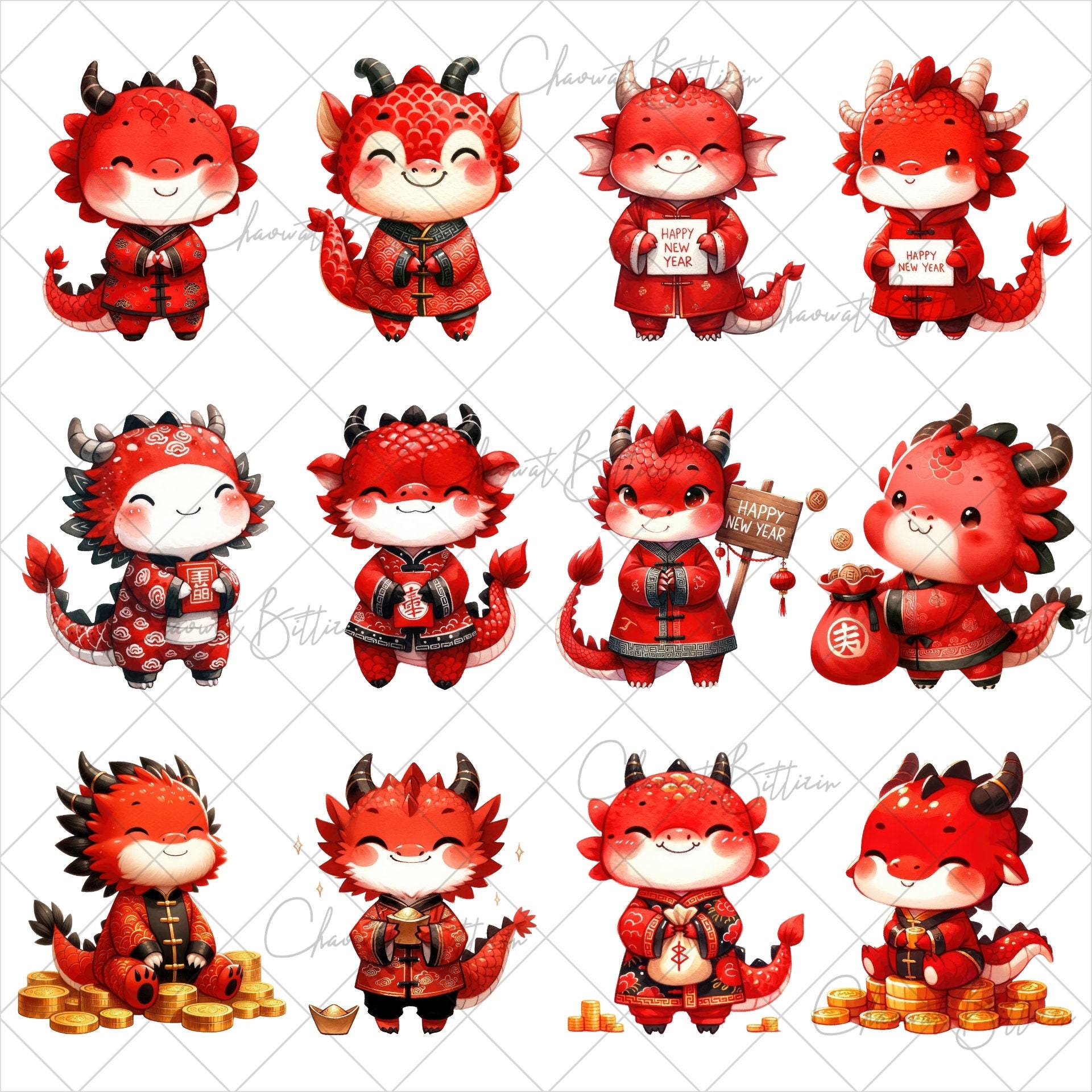 Cute Dragon Clipart, Happy Chinese New Year 2024 Watercolor Clipart ...