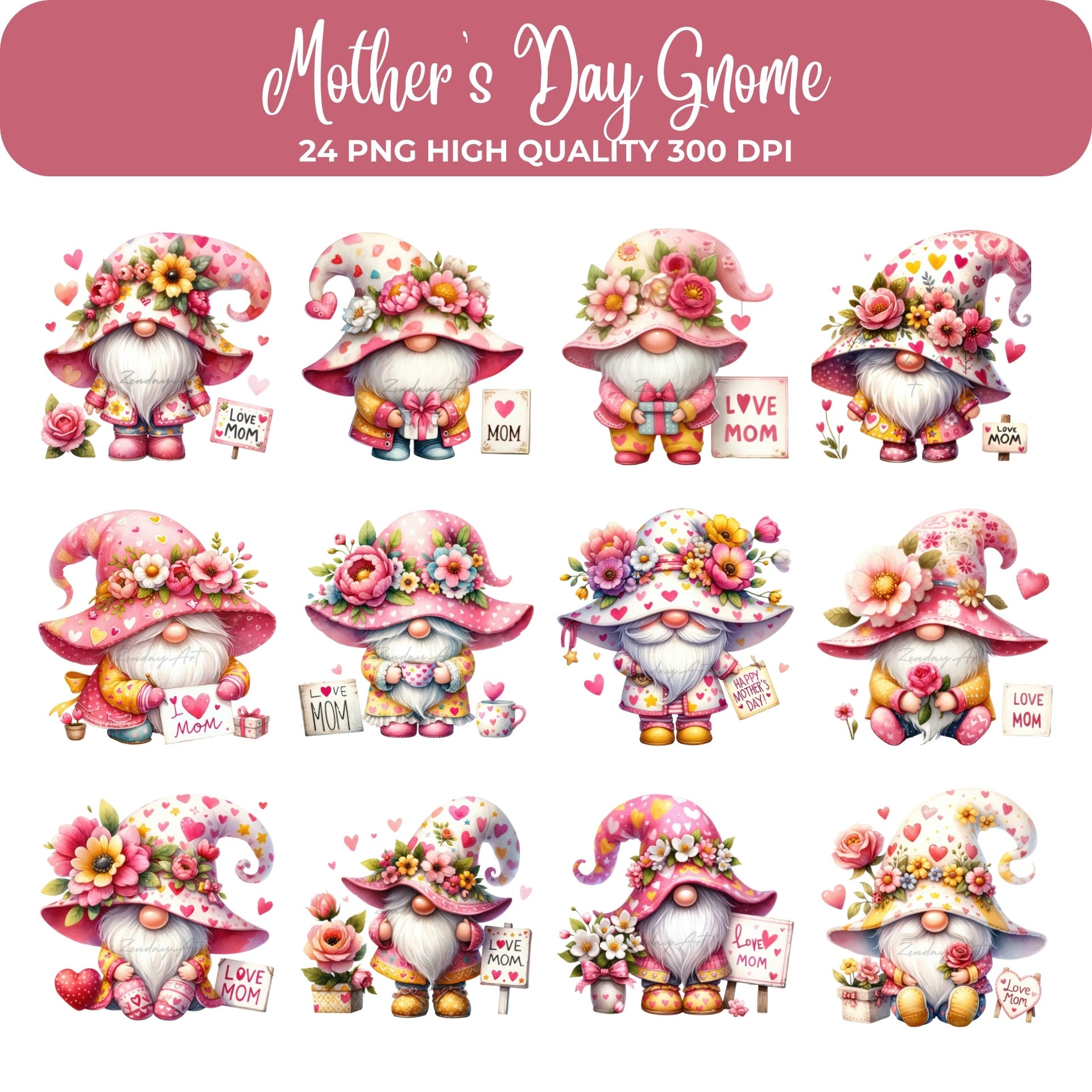Watercolor Mother's Day Gnomes Clipart (PNG, PDF) - Etsy
